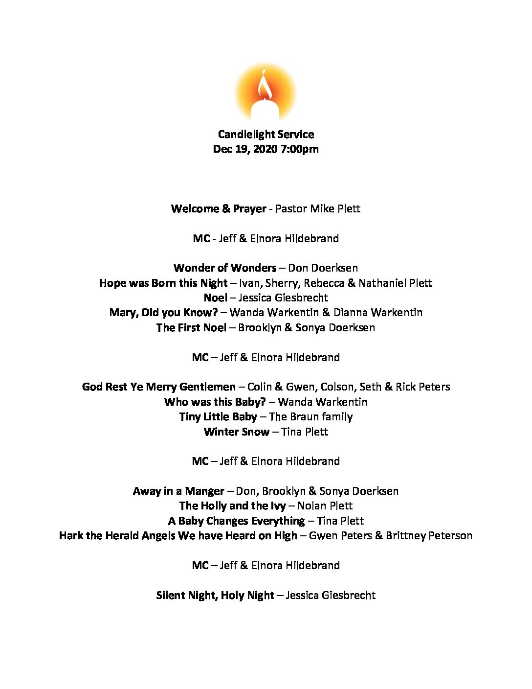 Candlelight Program 2020 | Prairie Rose